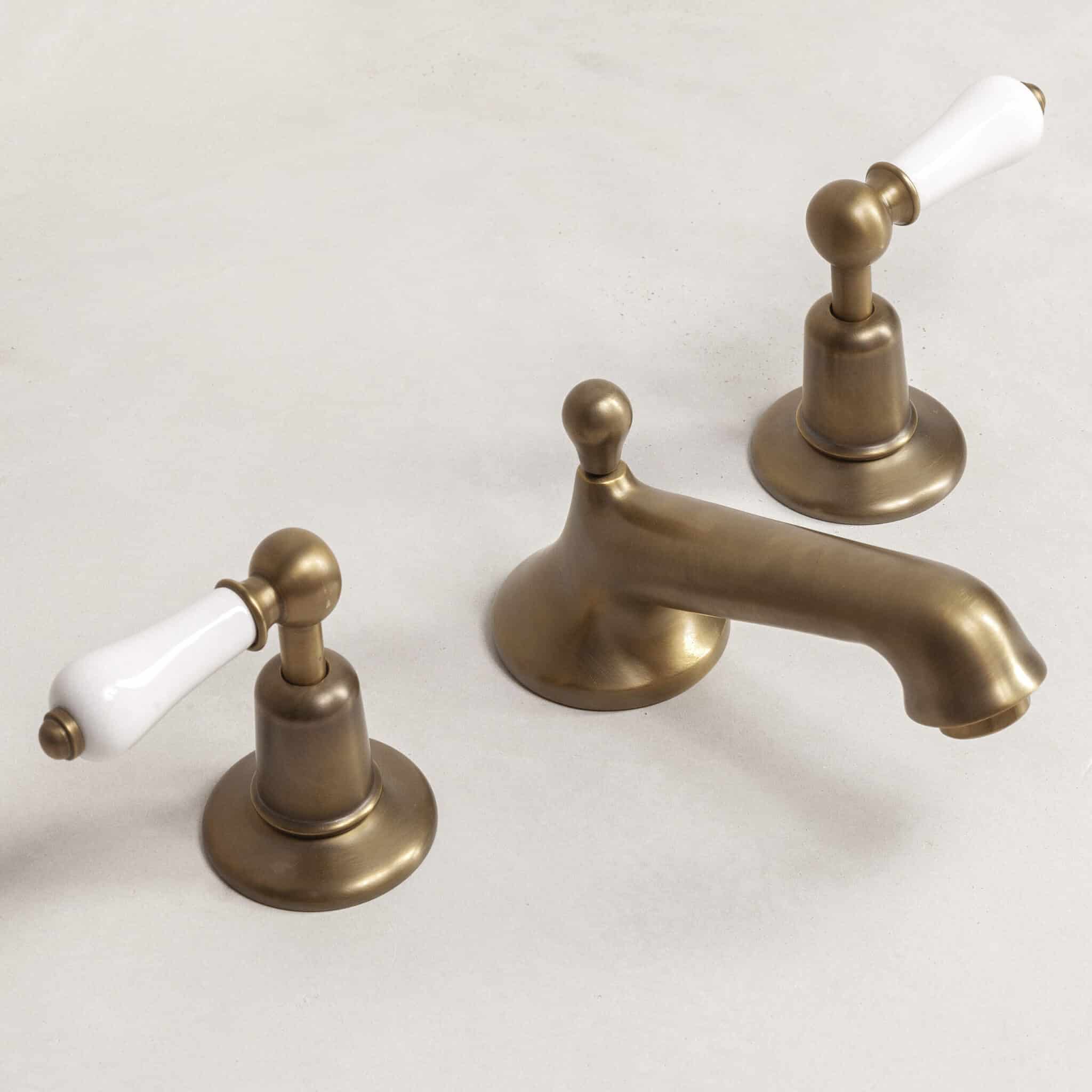 Deck Mount 3 Hole Basin Set With Solid Release - White Porcelain Lever ...